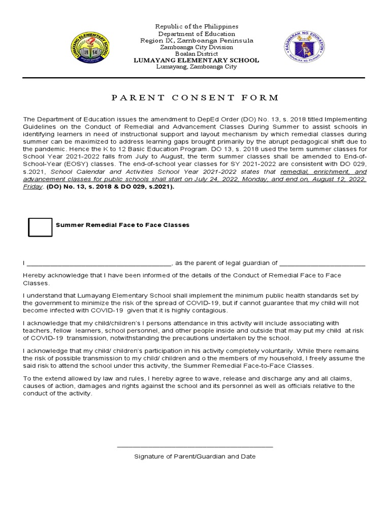 Parent Consent Form: Republic of The Philippines Department of ...