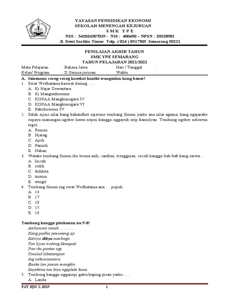 Soal Pat BJW SMK 2022 Kelas X | PDF