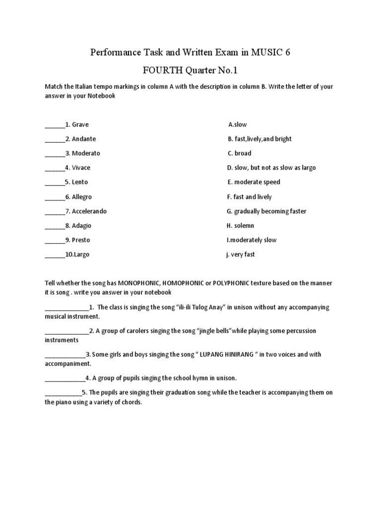 Performance Task and Written Exam in MUSIC 6 FOURTH Quarter No.1 | PDF ...