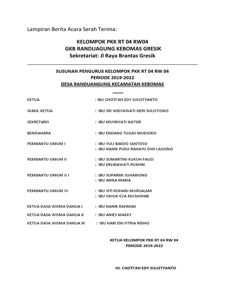 Susunan Pengurus PKK RT 04 | PDF