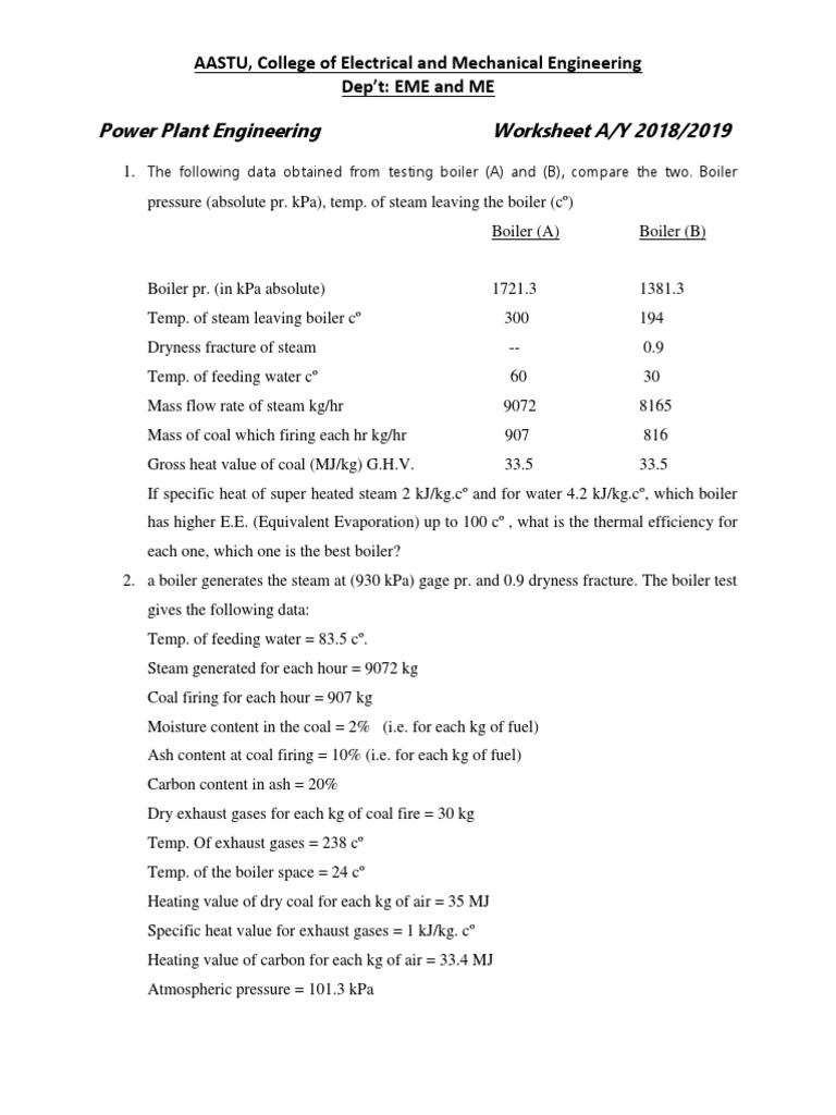 Power Plant Engineering Worksheet A/Y 2018/2019 | PDF | Boiler | Steam