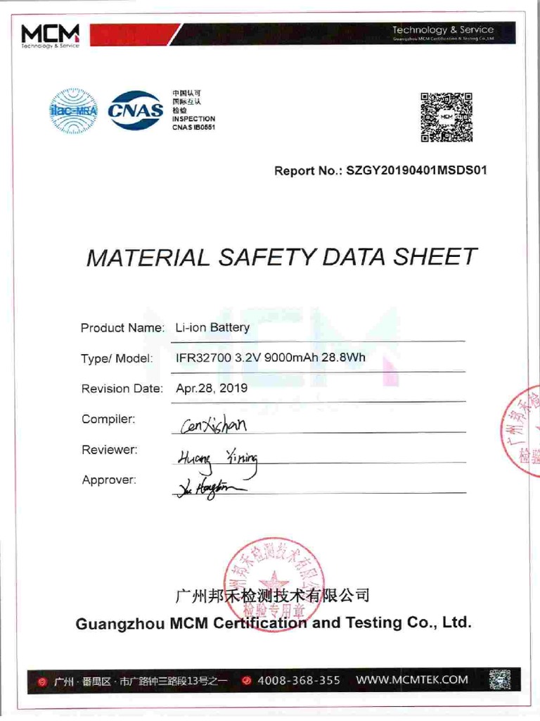 Material Safety Data Seet - MSDS Li - Ion BATTERIES | PDF