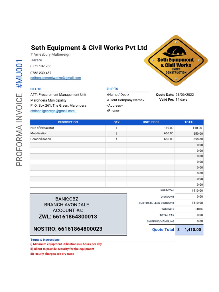 Seth Equipment Proforma Invoice for Excavator Hire | PDF | Economies