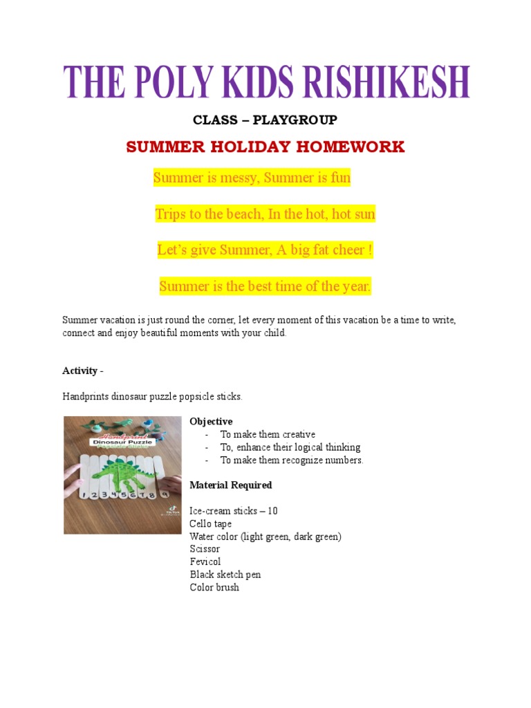Playgroup Summer Holiday Homework | PDF