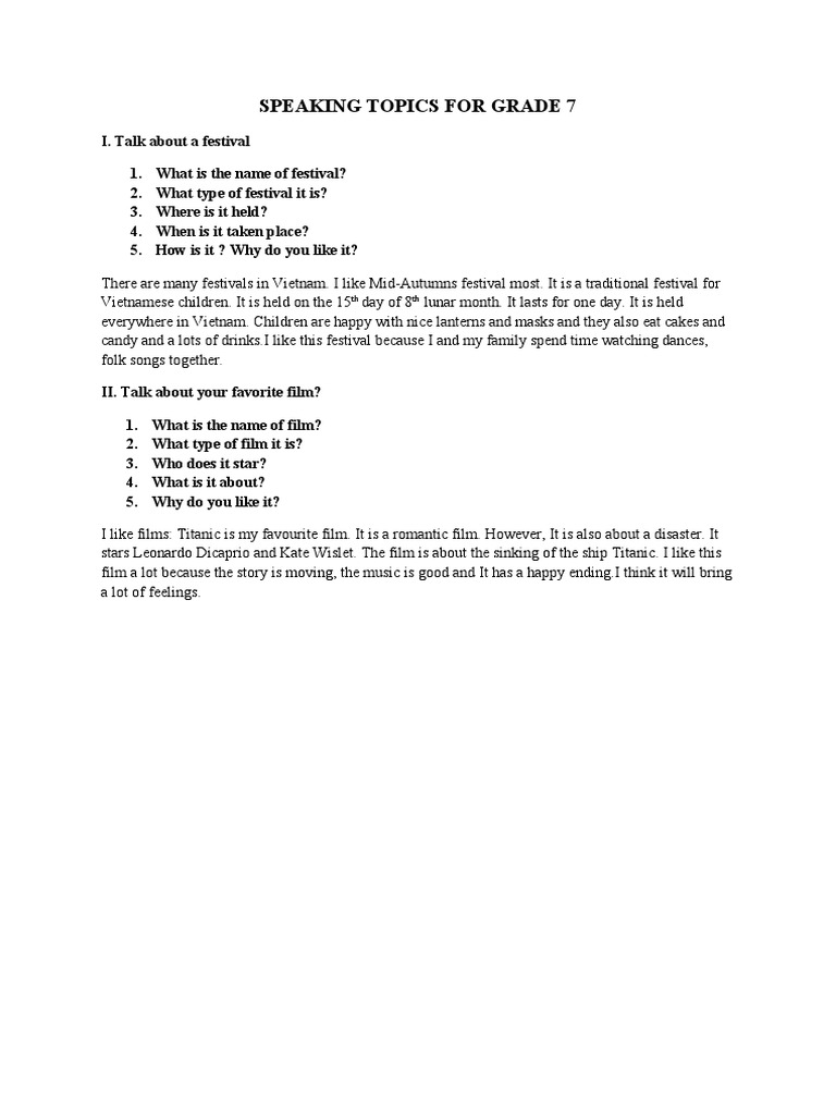 Grade 7 Speaking Topics Guide | PDF | Art