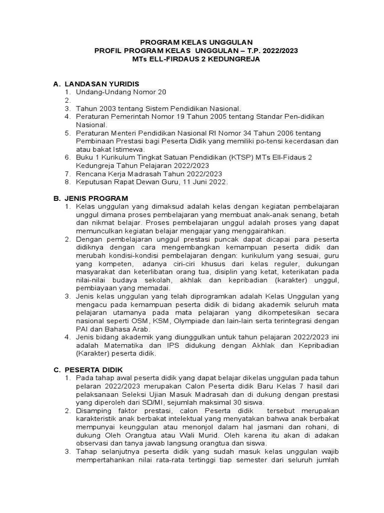 PROGRAM KELAS UNGGULAN (AutoRecovered) | PDF