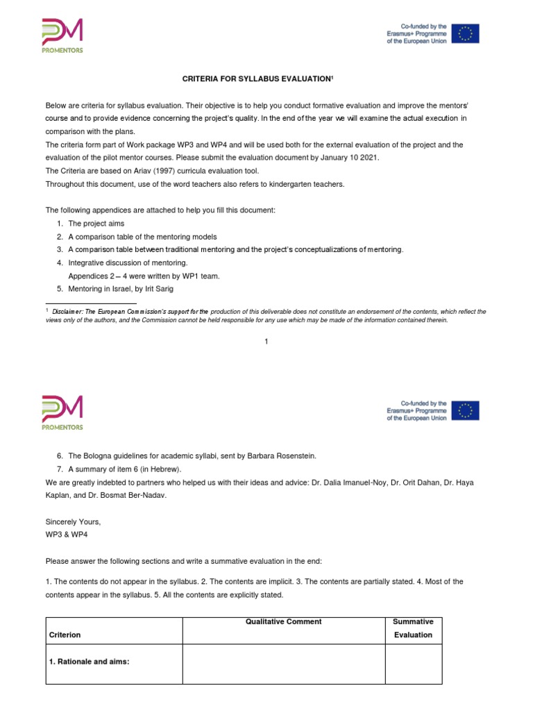 Criteria For Syllabus Evaluation | PDF | Teaching Method | Mentorship