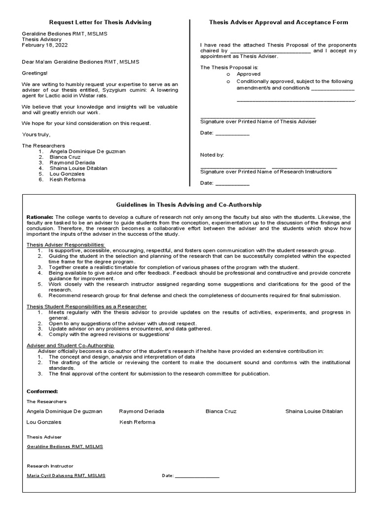 Request Letter For Thesis Advising Thesis Adviser Approval and Acceptance Form | PDF | Cognition