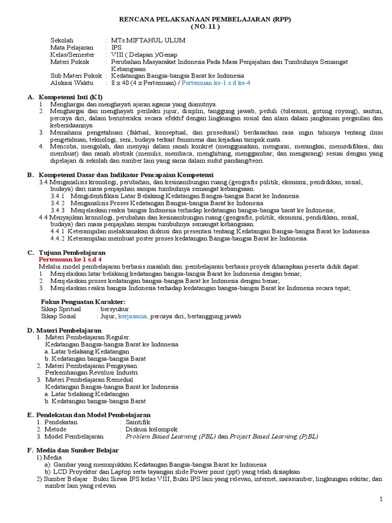 RPP 11 K-13 IPS Kelas 8 Kedatangan Bangsa-Bangsa Barat Ke Indonesia | PDF