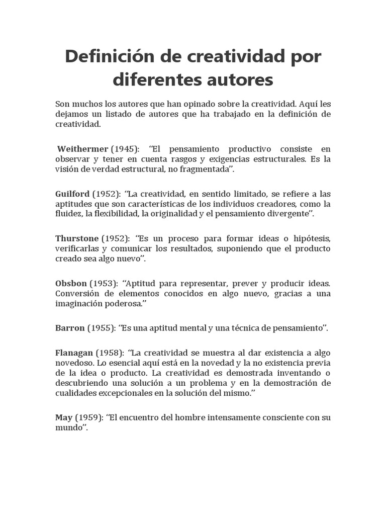 Definición de Creatividad Por Diferentes Autores | PDF | Creatividad ...