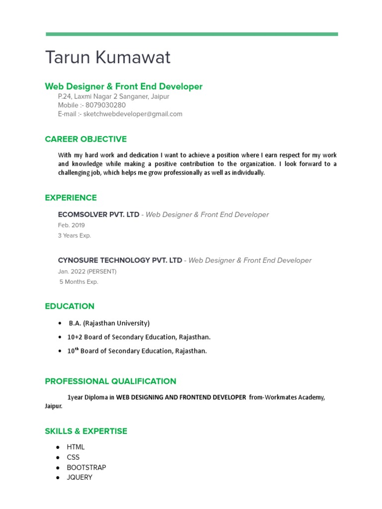 Tarun Kumawat: Web Designer & Front End Developer | PDF | Internet | Software Development