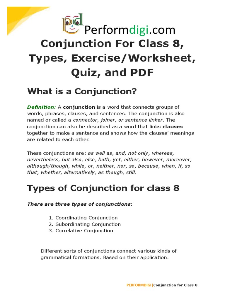 Perform: Conjunction For Class 8, Types, Exercise/Worksheet, Quiz, and ...