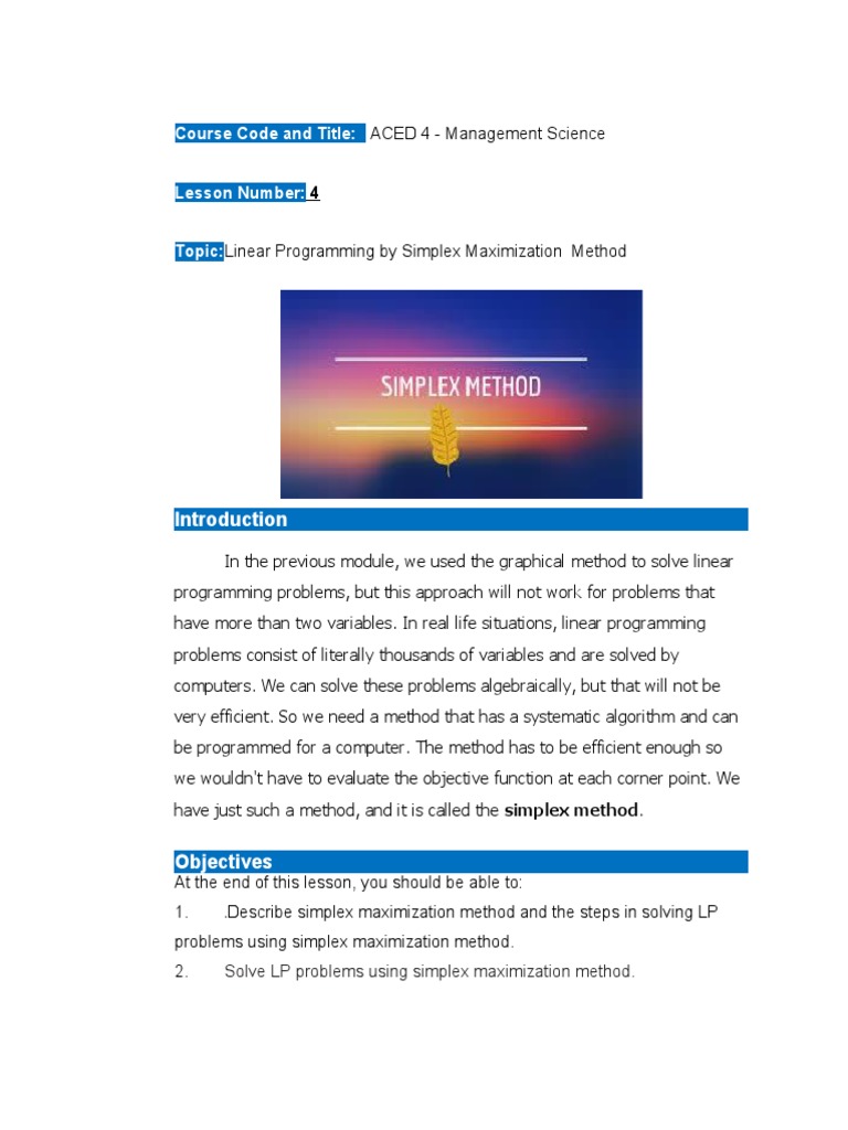 Maximizing Linear Programs through the Simplex Method | PDF ...