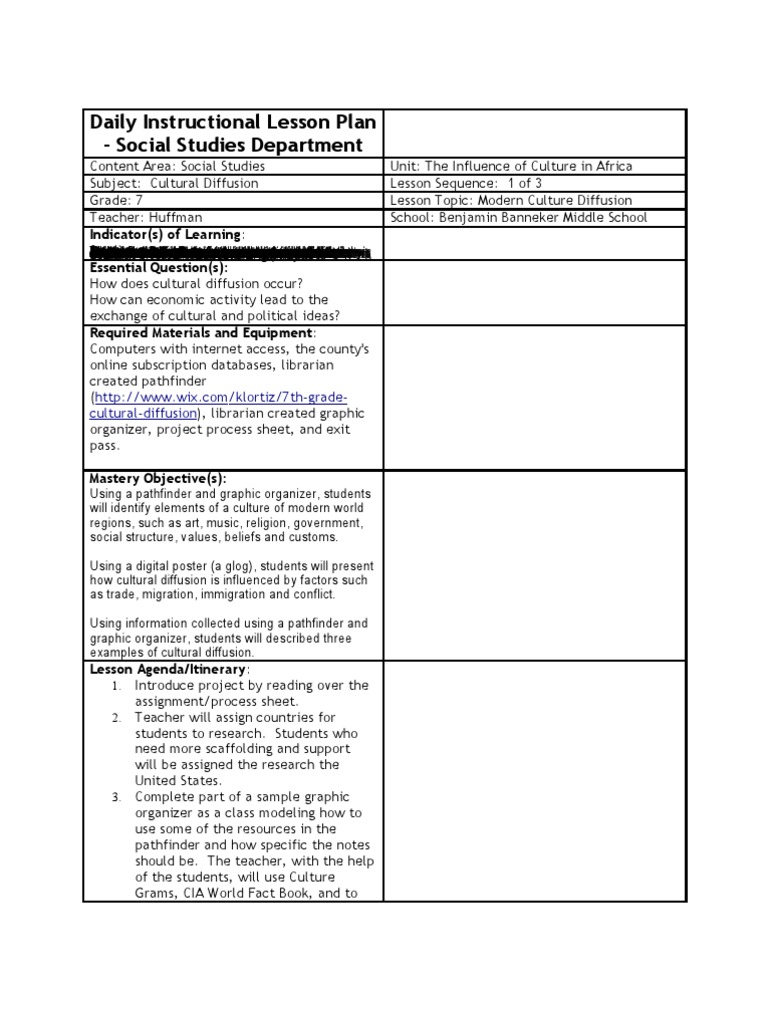 Lesson Plans Cultural Diffusion | PDF | Lesson Plan | Evaluation
