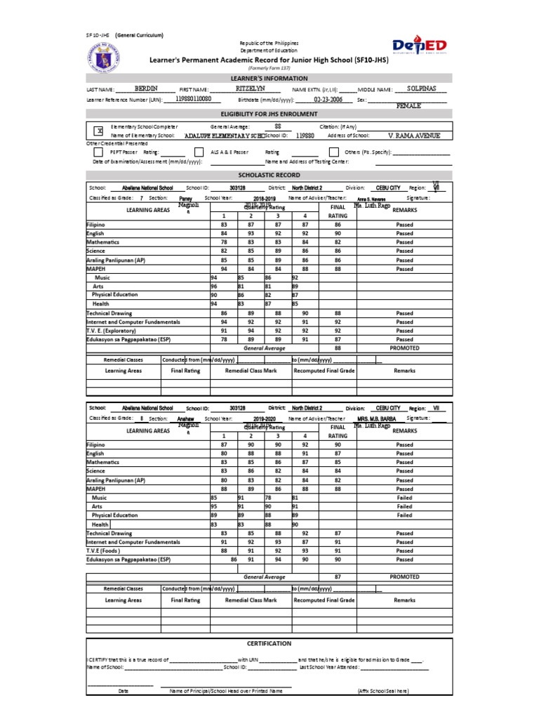Learner's Permanent Academic Record For Junior High School (SF10-JHS) | PDF | Middle Schools