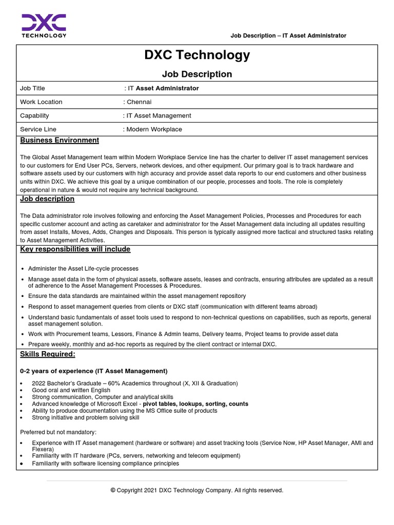 Job Description - Asset Administrator | PDF | Asset Management | Software