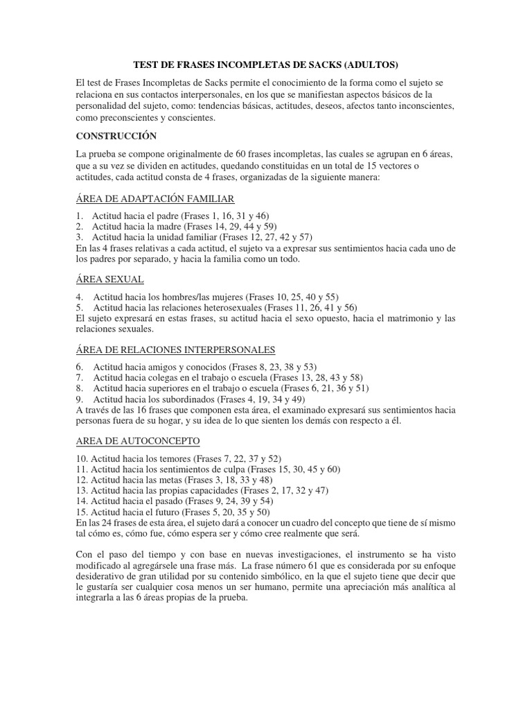 TEST DE FRASES INCOMPLETAS DE SACKS (Interpretacion) | PDF | Las ...