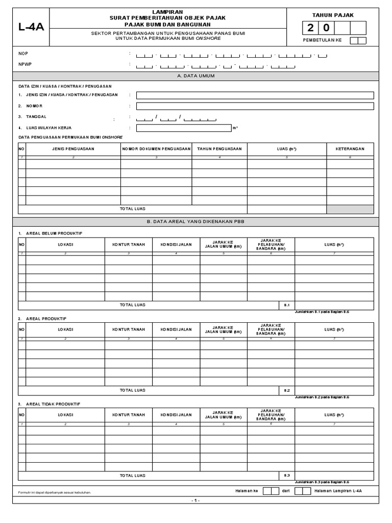 Formulir Lampiran SPOP L-4 PBB Sektor Pertambangan Panas Bumi | PDF