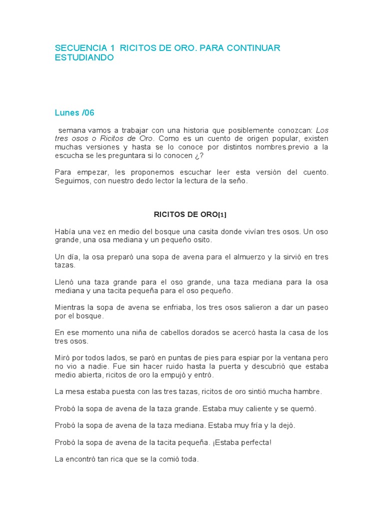 Secuencia Didáctica: Ricitos de Oro | PDF | Osos | Ricitos de oro y los ...