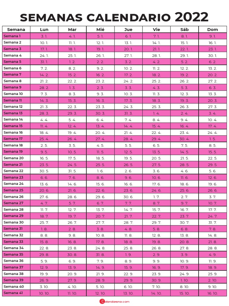 Semanas Calendario 2022: Semana Lun Mar Mié Jue Vie Sáb Dom | PDF