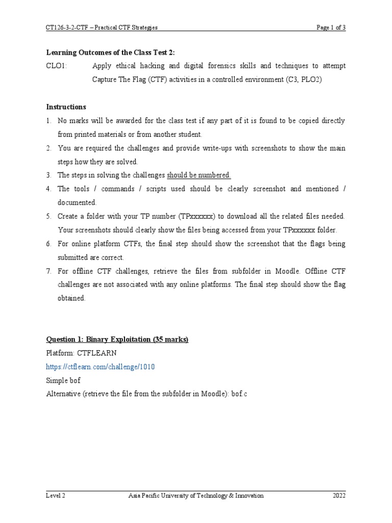 Learning Outcomes of The Class Test 2:: CT126-3-2-CTF - Practical CTF ...