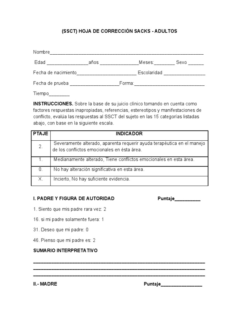 Hoja para Corregir Test De-Sacks-Adultos | PDF
