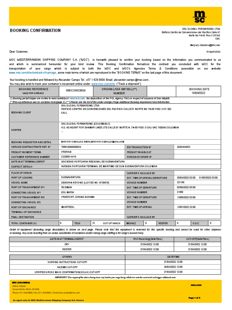 Booking Confirmation: Booking Reference Original/Sea Waybill ( ) Number ...