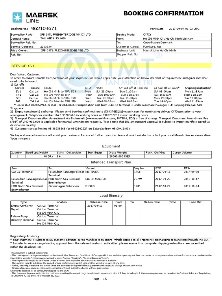 Booking Confirmation: Service: Sv1 | PDF | Cargo | Transport