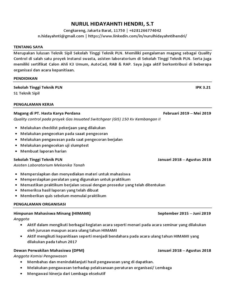 CV Nurul Hidayahnti Hendri 1648430218 | PDF