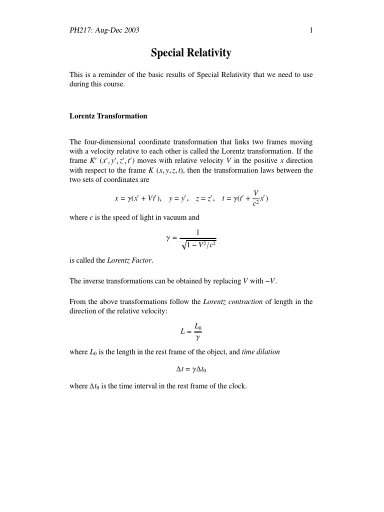 Special Relativity: PH217: Aug-Dec 2003 | PDF | Special Relativity ...