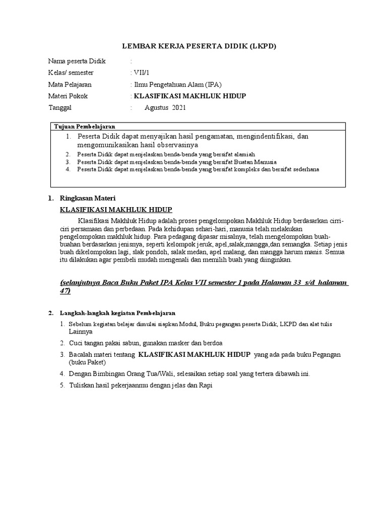 LKPD IPA Kelas - 7 Semester 1 Ke-2 | PDF
