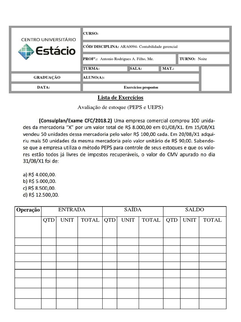 Contabilidade gerencial avaliação estoque PEPS UEPS | PDF