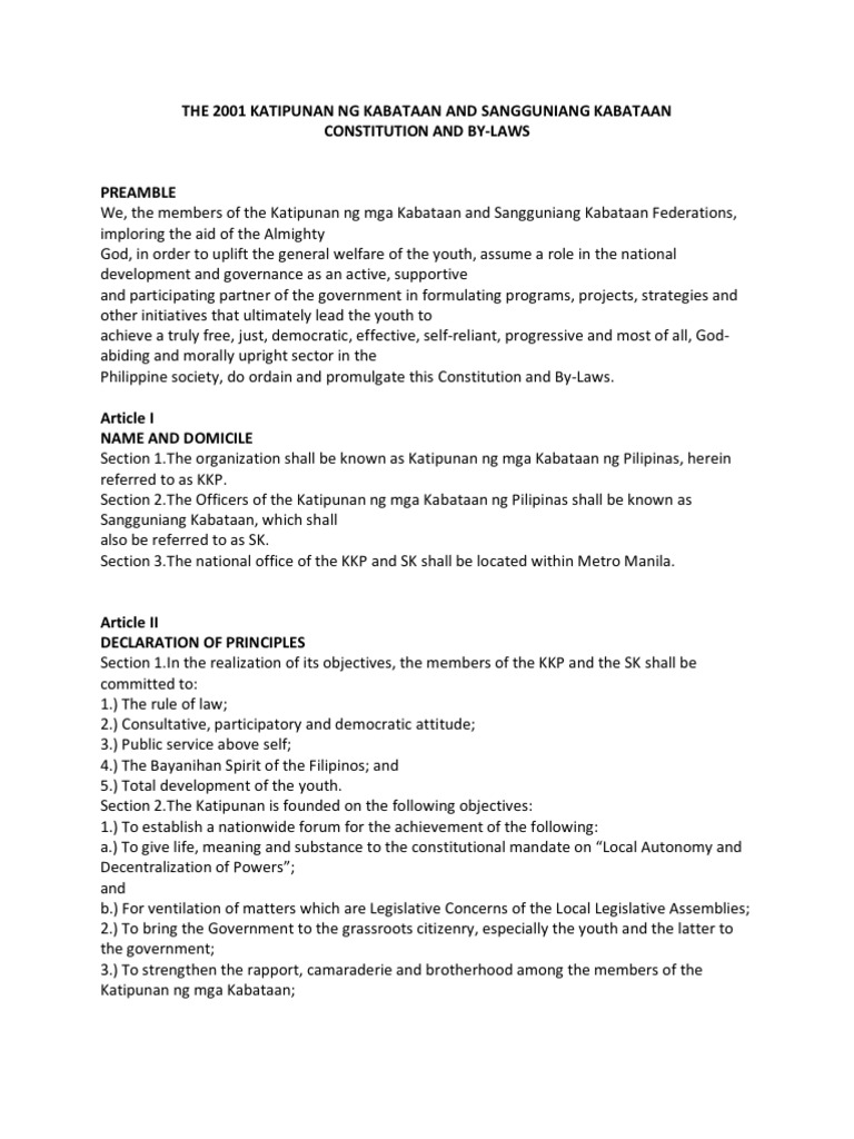 Constitution and By-Laws of the 2001 Katipunan ng Kabataan and Sangguniang Kabataan Establishing ...