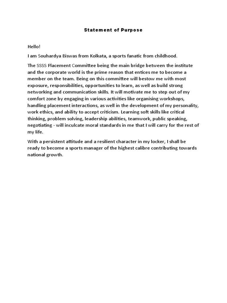 Statement of Purpose for Joining College Placement Committee to Develop ...