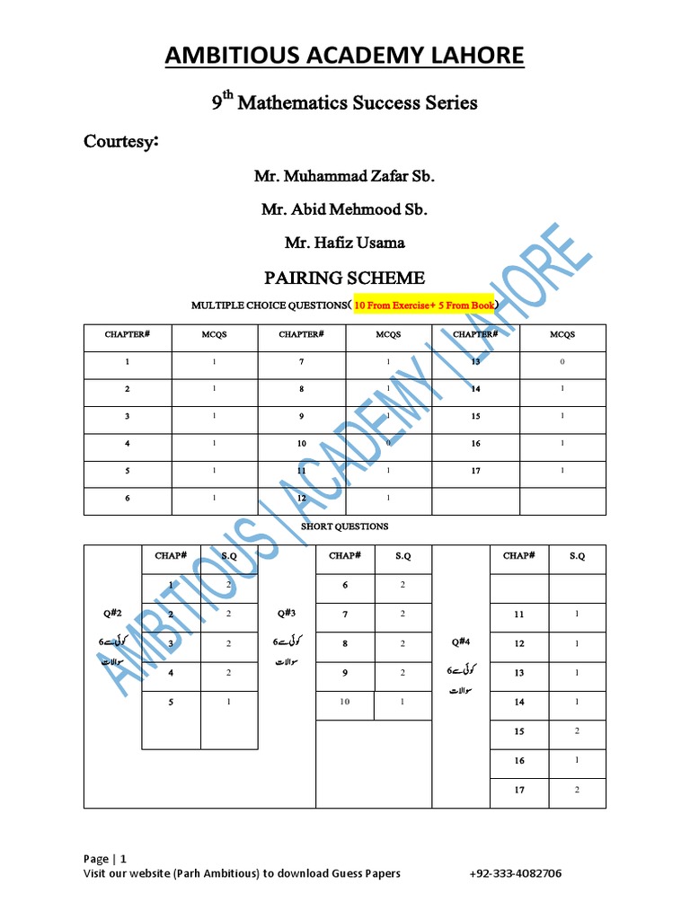 9th Math Guess Paper | PDF | Mathematics | Mathematical Objects