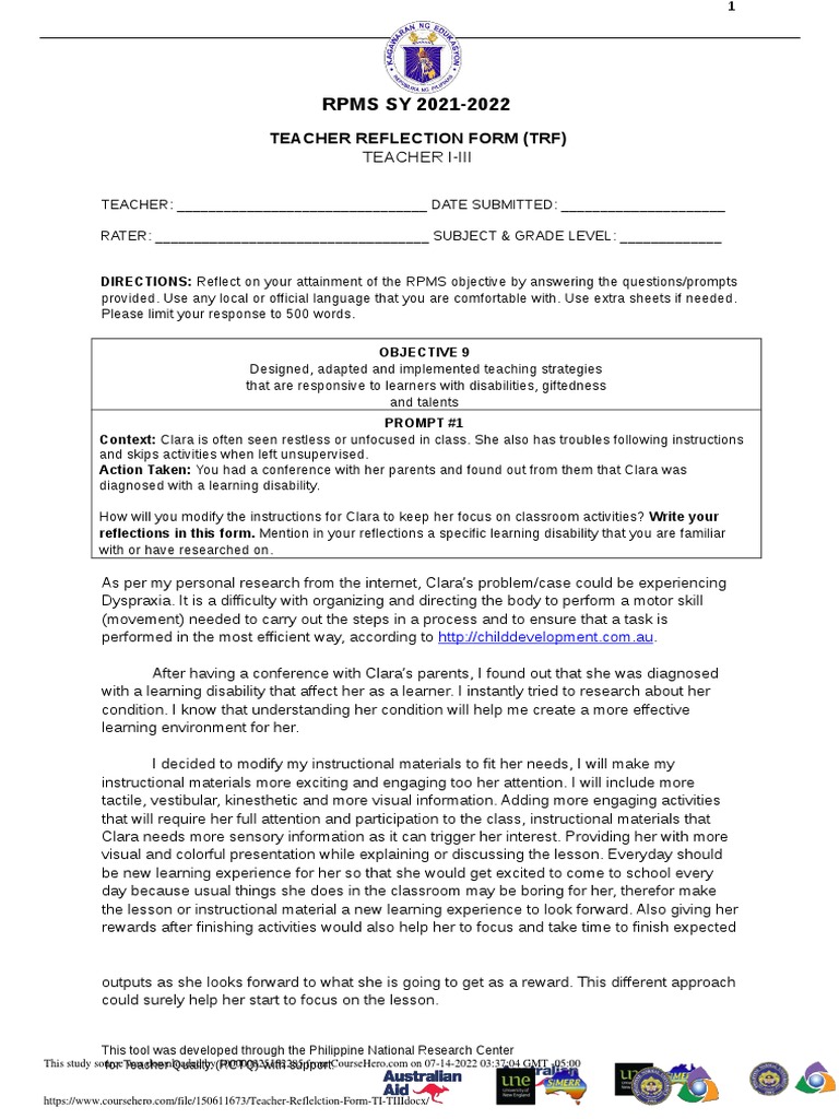 RPMS SY 2021-2022: Teacher Reflection Form (TRF) | PDF | Teachers ...