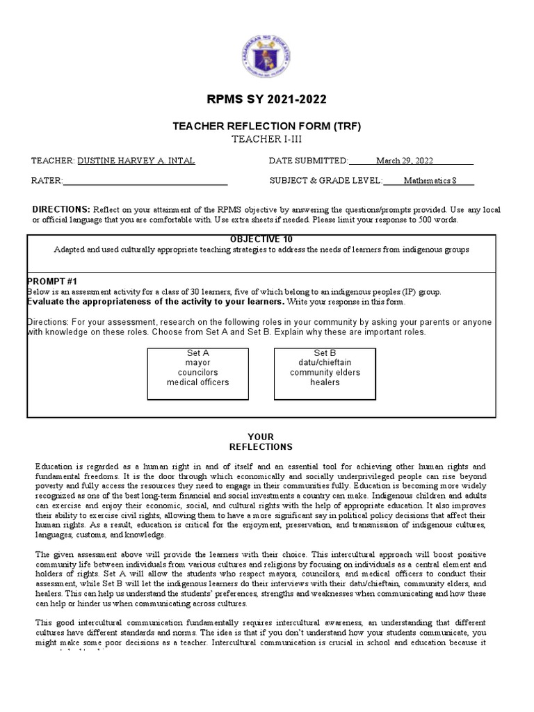 RPMS SY 2021-2022: Teacher Reflection Form (TRF) | PDF | Constructivism ...