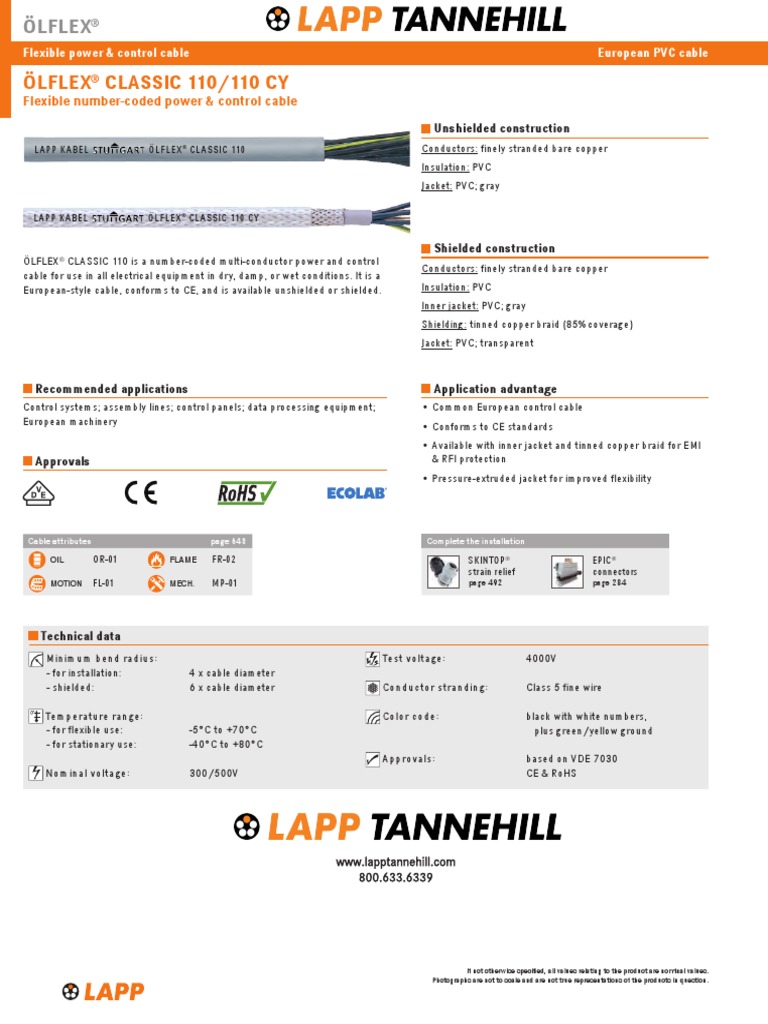 Ölflex CLASSIC 110/110 CY: Flexible Number-Coded Power & Control Cable ...