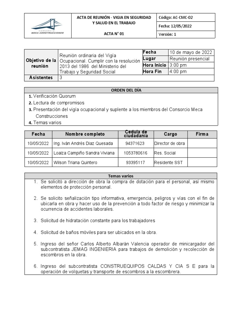 Ac-Cmc-02 Acta #01 de Reunión Comité Paritario en SST | PDF