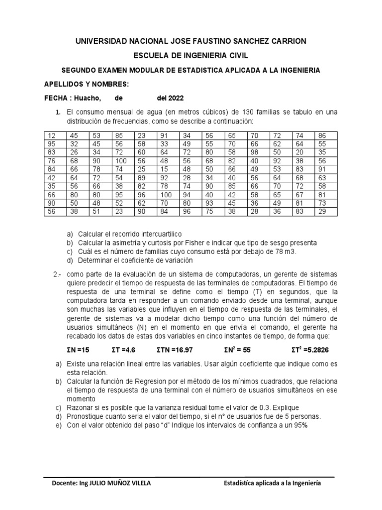 Segundo Examen Modular de Estadistica - Quimica - 2021-II | PDF | Análisis de regresión