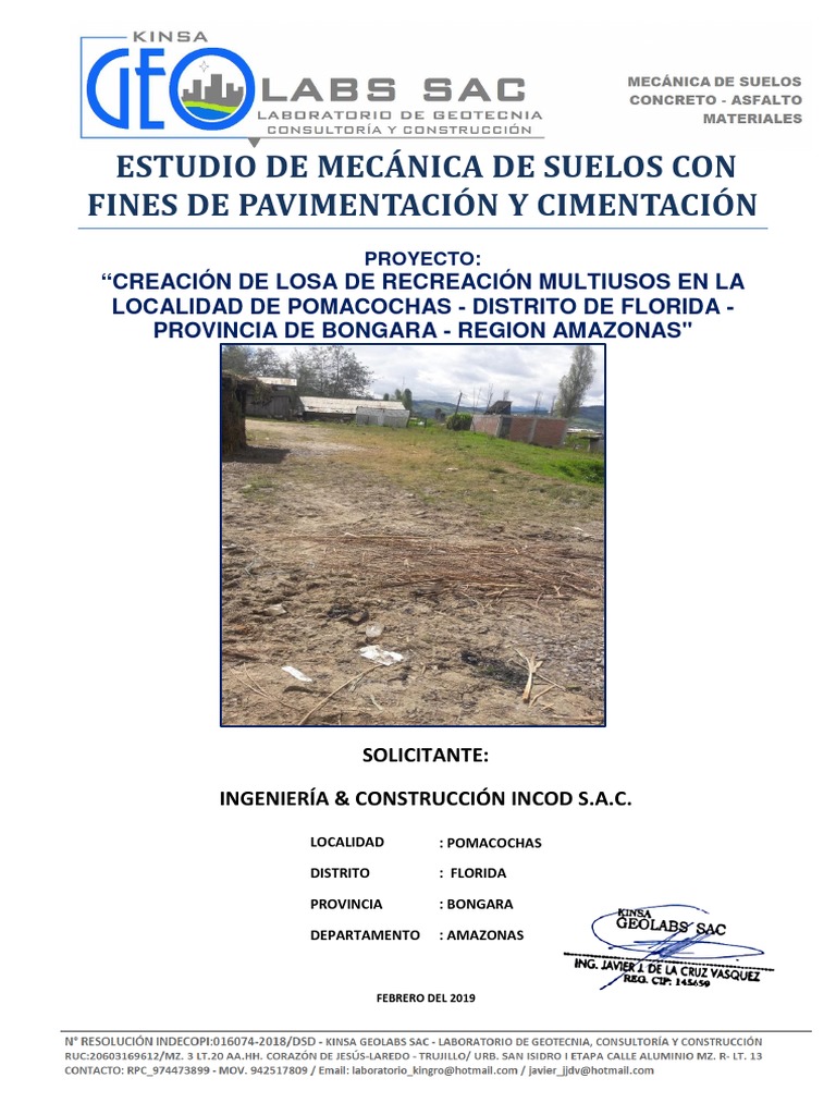 Estudio de Mecánica de Suelos para la Construcción de una Losa Multiusos en Pomacochas, Florida ...
