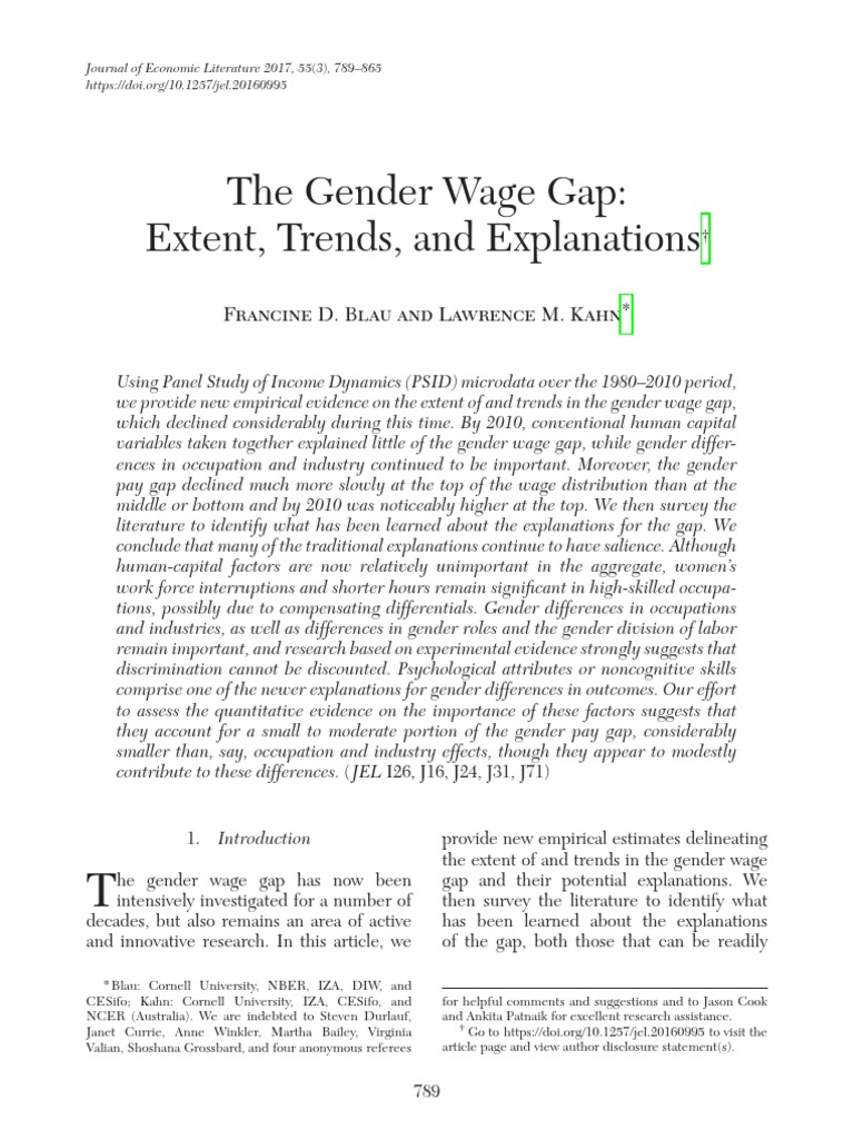 The Gender Wage Gap Extent, Trends, and Explanations - Jel.20160995 ...