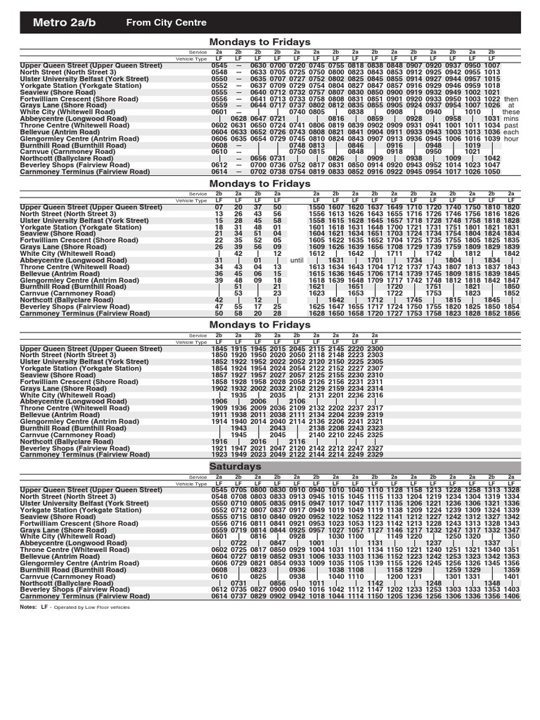 Metro 2a/b: Mondays To Fridays | PDF | Belfast | Public Services