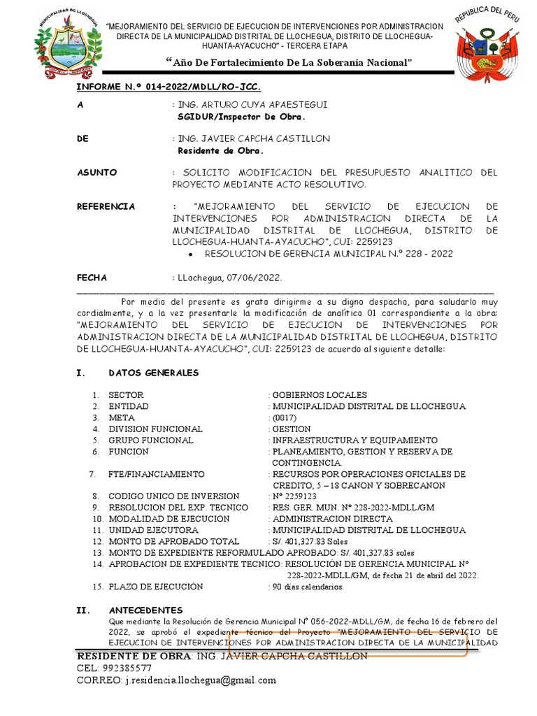 INFORME de MODIFICACION DE ANALITICO - 01 | PDF | Presupuesto ...