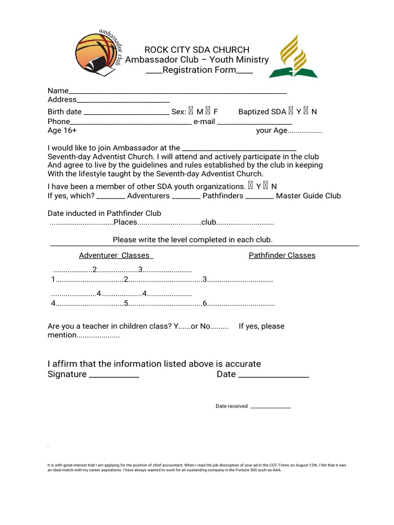 Rock City Sda Church Ambassador Club - Youth Ministry - Registration ...