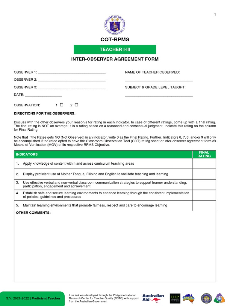 (Appendix 3F) COT-RPMS Inter-Observer Agreement Form For T I-III For SY ...