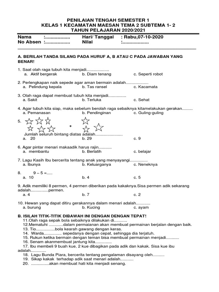 Soal Pts Kelas 1 Tema 2 ST 1-2 | PDF