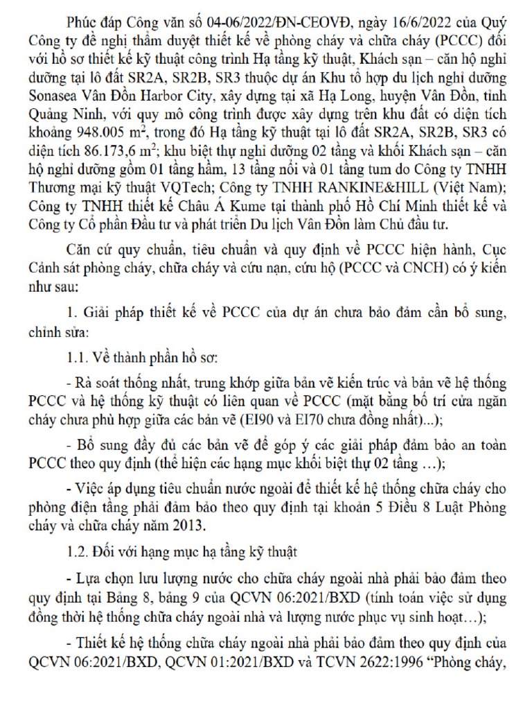 Dự Thảo Và Góp ý Pccc Hồ Sơ TKKT Khách Sạn WH Vân Đồn | PDF