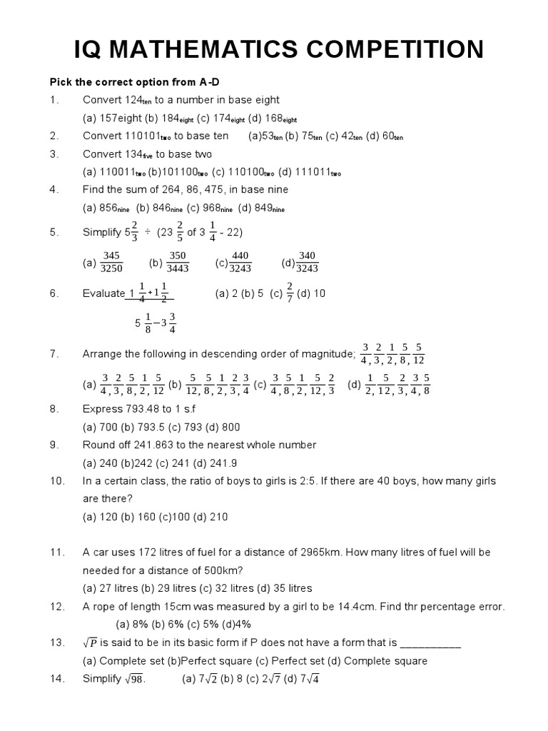 Iq Mathematics Competition | PDF | Interest | Elementary Mathematics