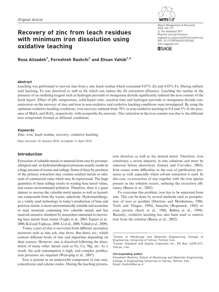 Alizadeh, Rashchi, Vahidi - 2011 - Recovery of Zinc From Leach Residues ...